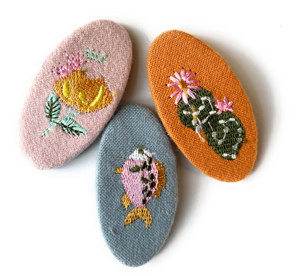 3 Embroidered Fabric Covered Large 5cm Snap Clips - Socal