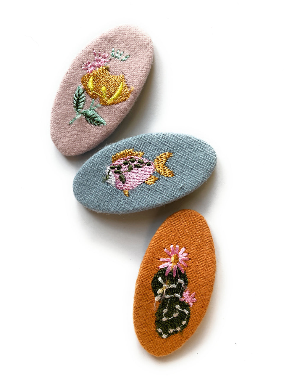 3 Embroidered Fabric Covered Large 5cm Snap Clips - Socal